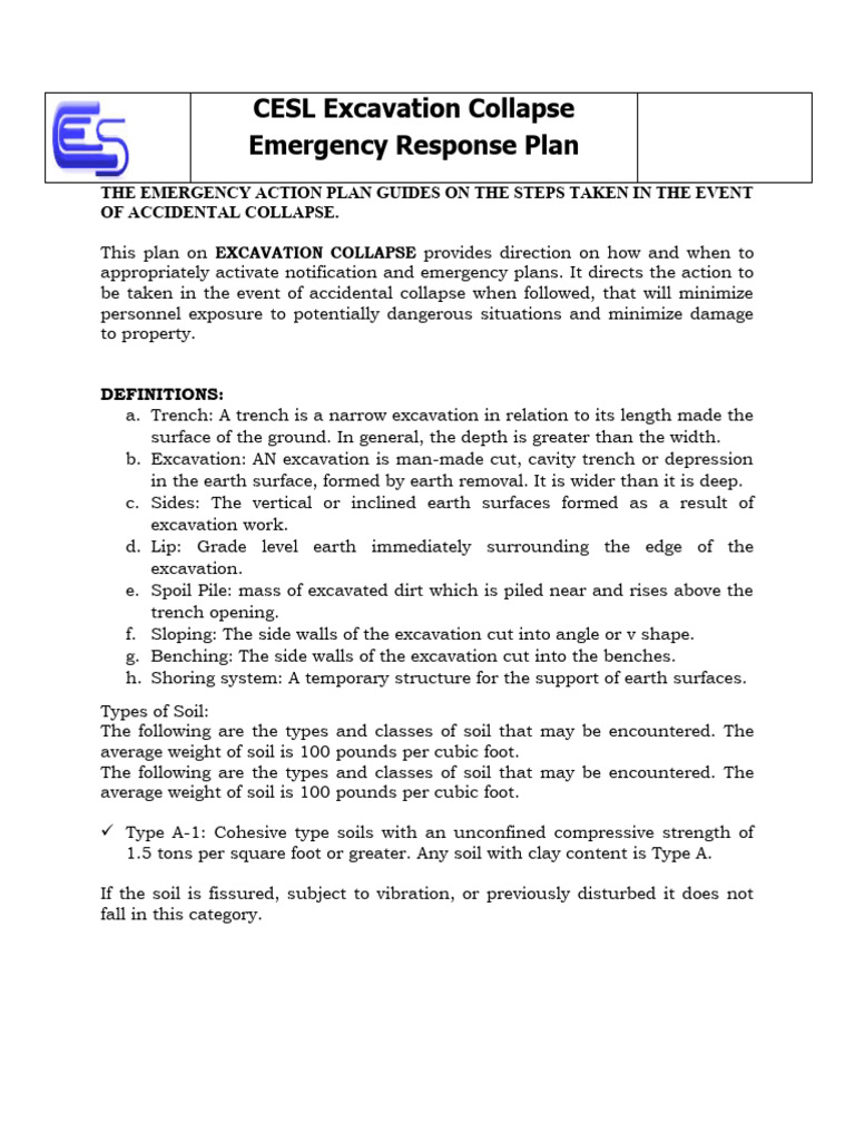 Excavation and Trenching Emergency Response Plan | Download Free PDF ...