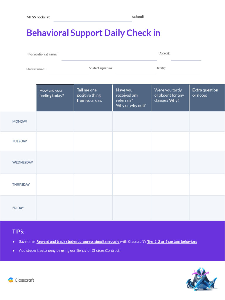 MTSS Behavioral and Academic Check-In Sheets | PDF