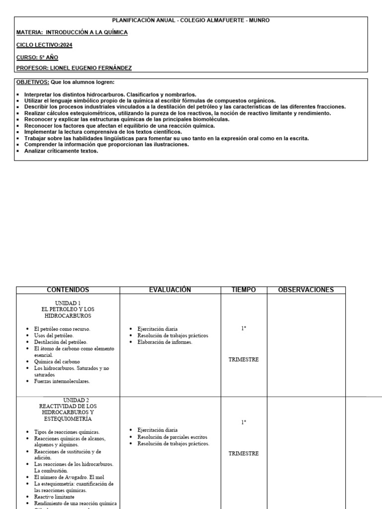 Planificación Introducción A La Química 5to Año 2024 | PDF | Hidrocarburos | Reacciones químicas