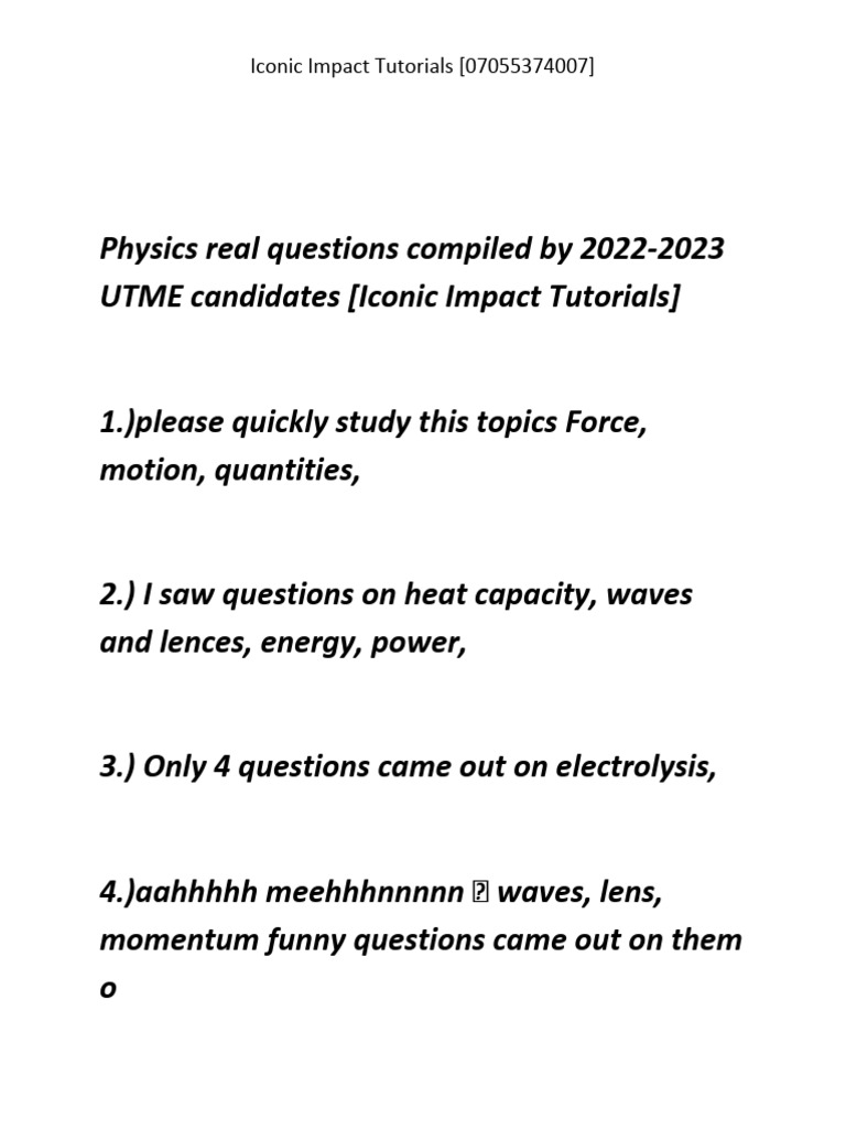 Real UTME Physics Questions-3 | PDF | Waves | Force