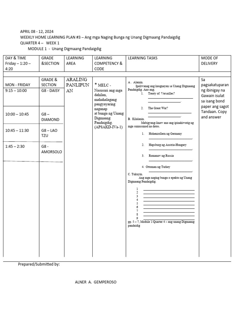 WEEKLY HOME LEARNING PLAN 3 Module 1 Quarter 4 | PDF