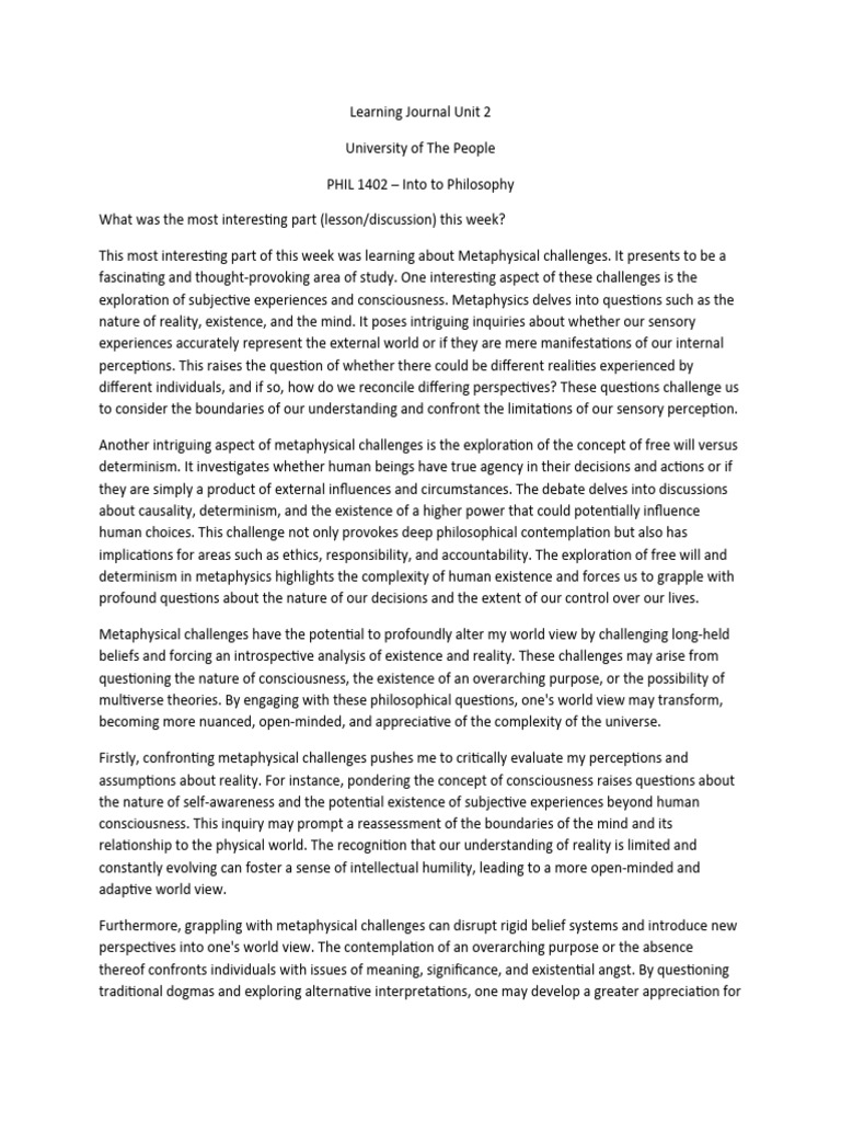 Learning Journal Unit 2 | PDF | Metaphysics | Reality
