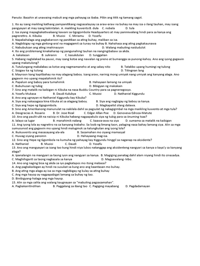 FILIPINO 10 QUIZ | PDF