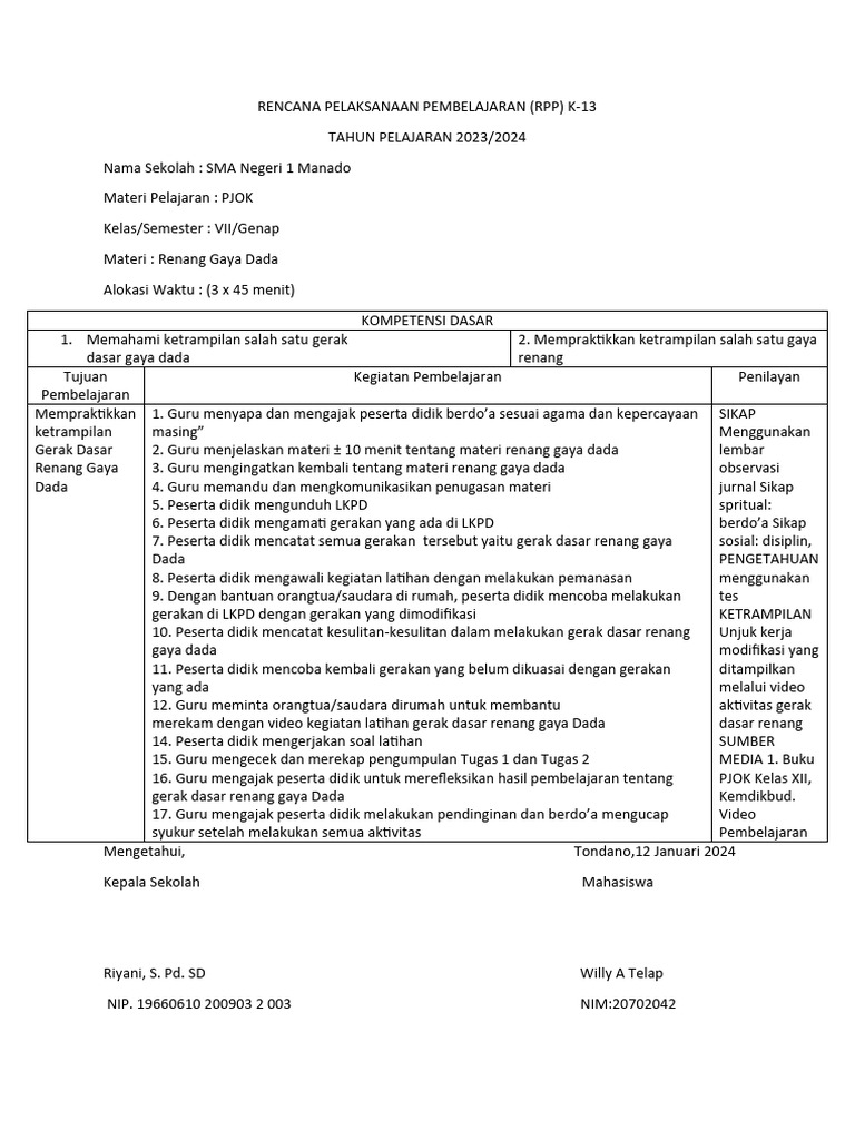 RPP Renang Gaya Dada K13 | PDF