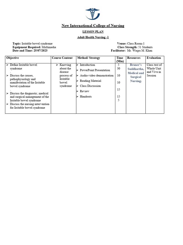 AHN-I Lesson Plan, IBS | PDF