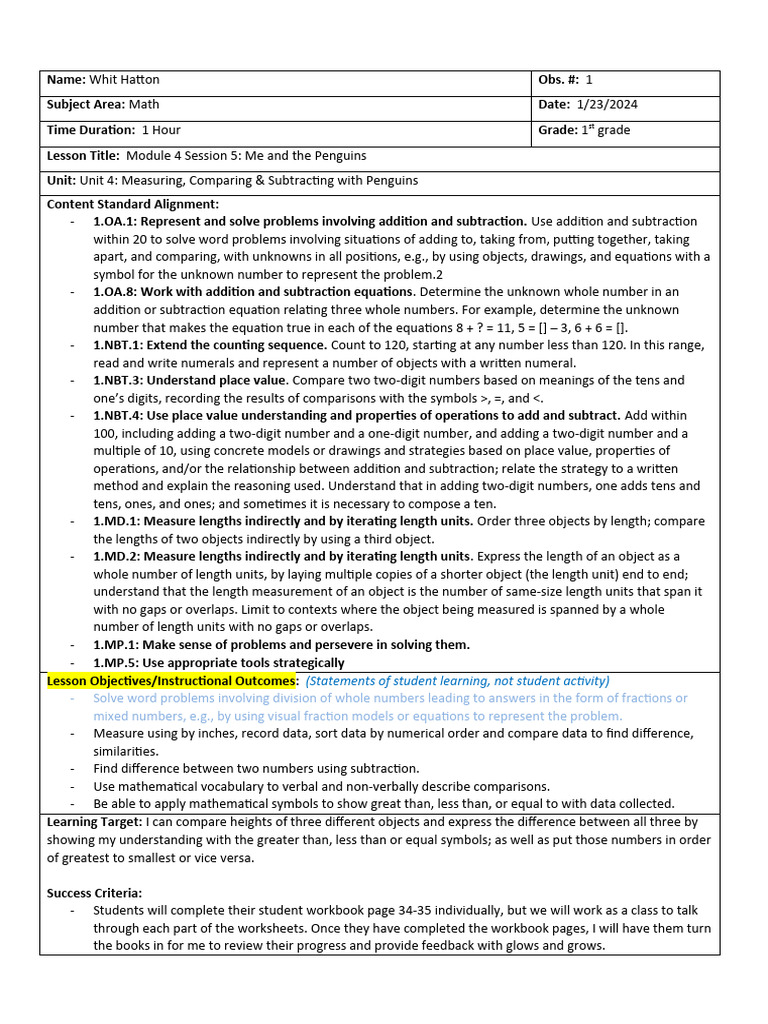 Observation 1 Lesson Plan Whit Hatton | PDF | Numbers | Equations