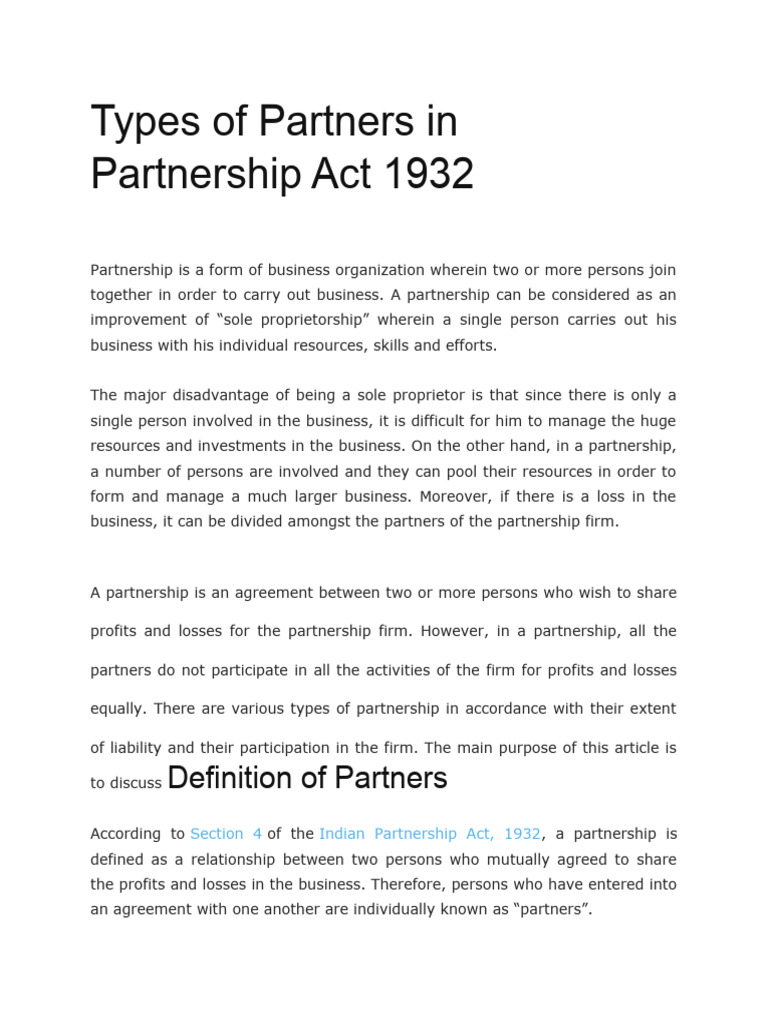 Types of Partners in Indian Partnership Act | PDF | Partnership ...