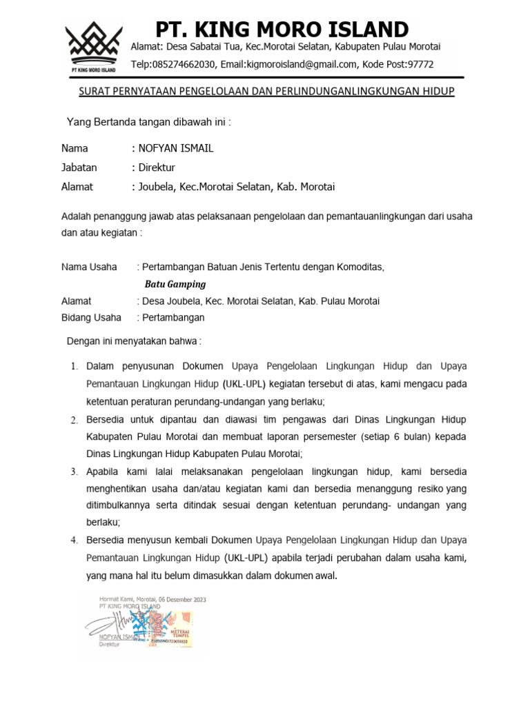 Surat Pernyataan Pengelolaan Lingkungan Hidup | PDF