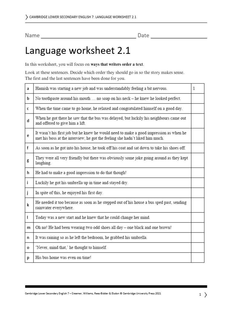 Year 7 English Language Worksheet 2.1 | PDF | Linguistics