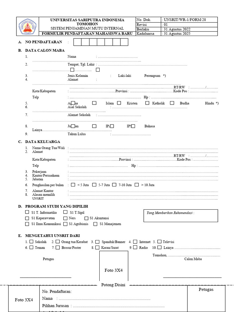 Formulir Pendaftaran Mahasiswa Baru | PDF | Karier & Perkembangan