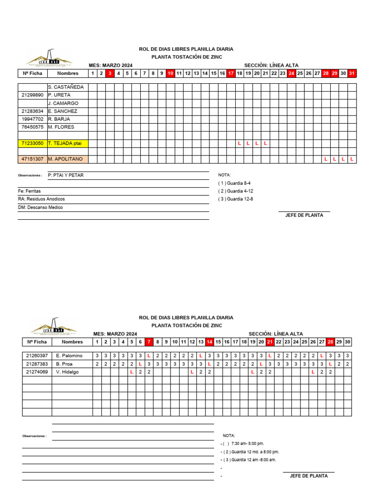 Rol - Personal - 2024 Toll Calcina Abril | PDF