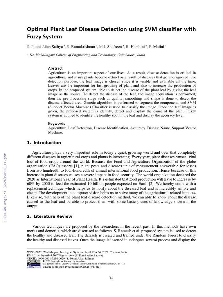 Optimal Plant Leaf Disease Detection Using Svm Classifier With Fuzzy System Download Free Pdf