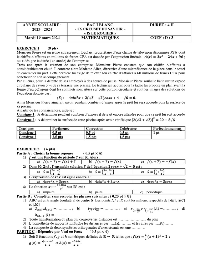 1ere D Maths. | PDF | Mathématiques | Géométrie