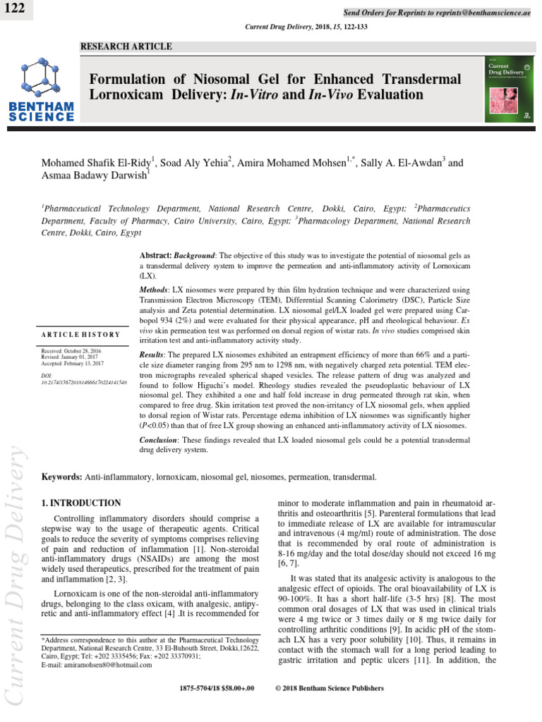 (El-Ridy Et Al, 2017) - Formulation of Niosomal Gel For Enhanced Transdermal Lornoxicam Delivery ...
