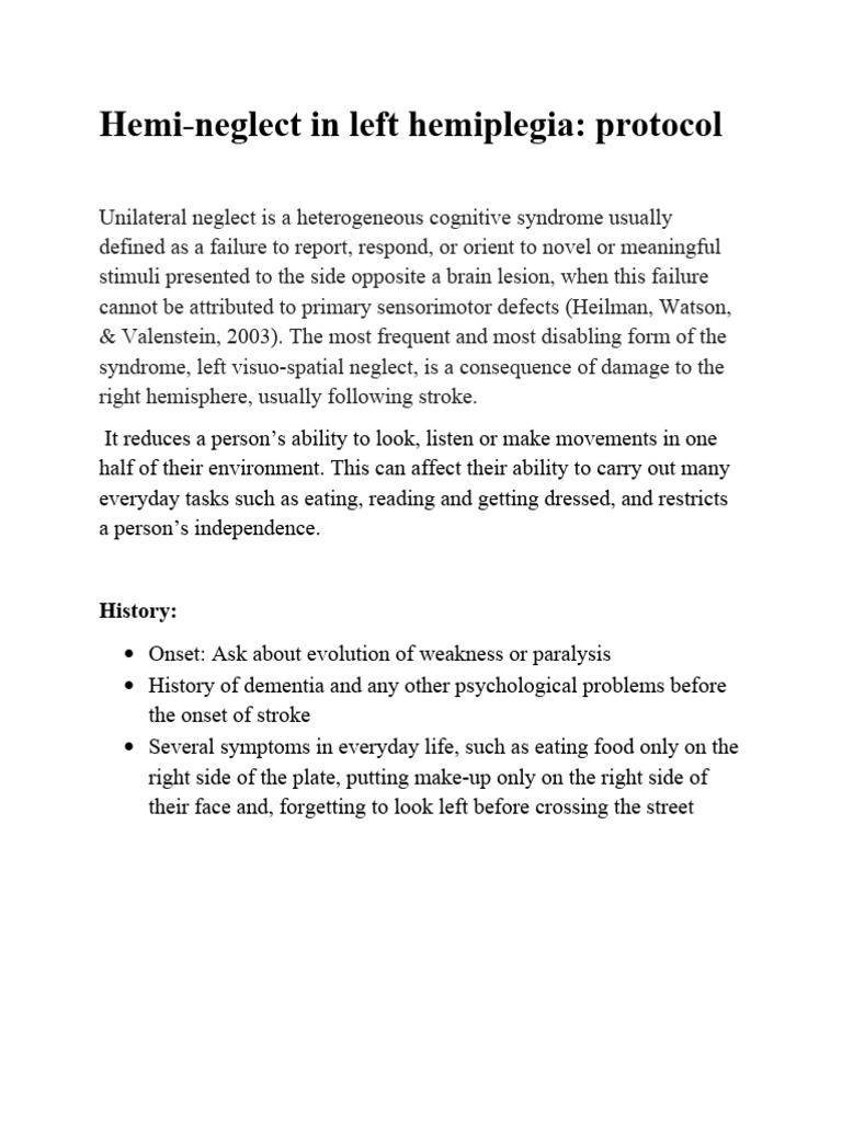 Hemi-Neglect Protocol in Stroke Patients | PDF | Behavioural Sciences ...
