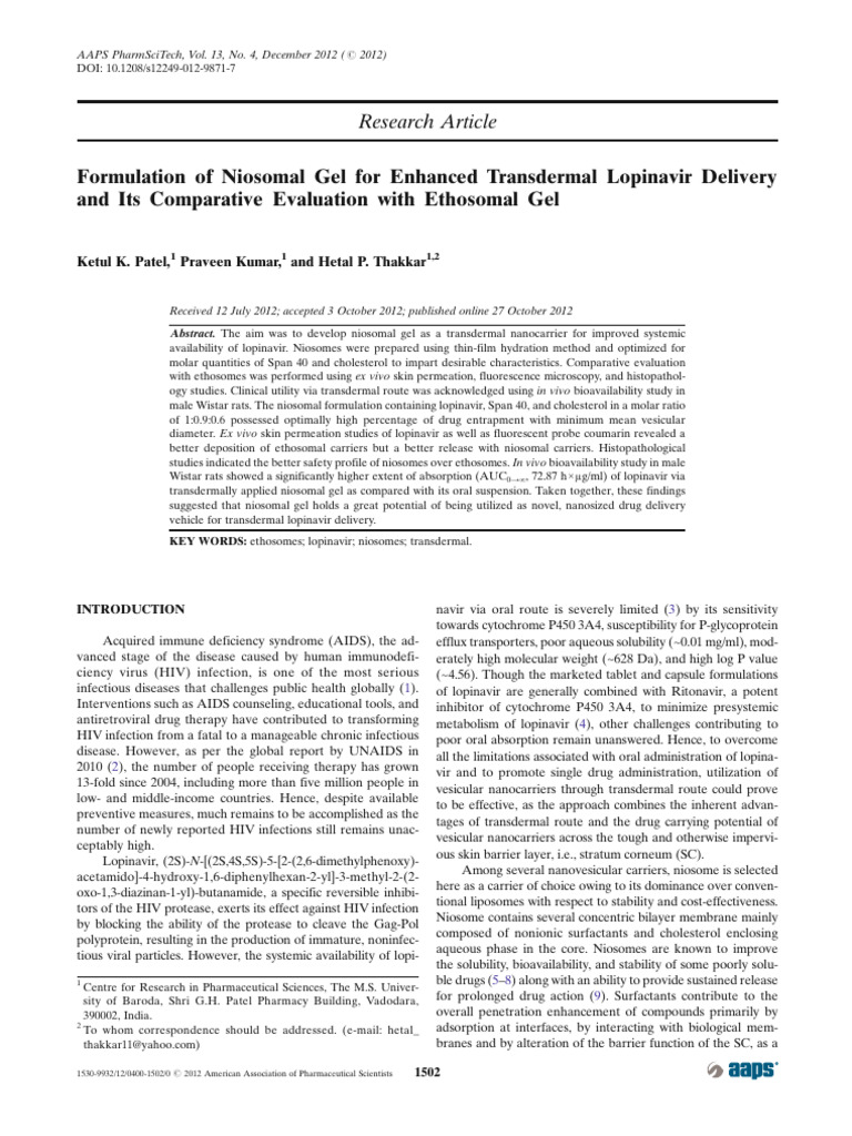 Formulation Of Niosomal Gel For Enhanced Transdermal Lopinavir Delivery And Its Comparative