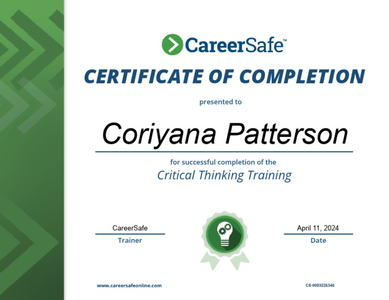Certificate of Completion: Coriyana Patterson | PDF