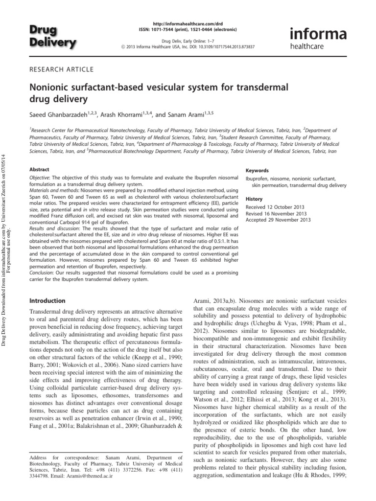 Niosomal System for Ibuprofen Delivery | PDF | Liposome | Topical ...