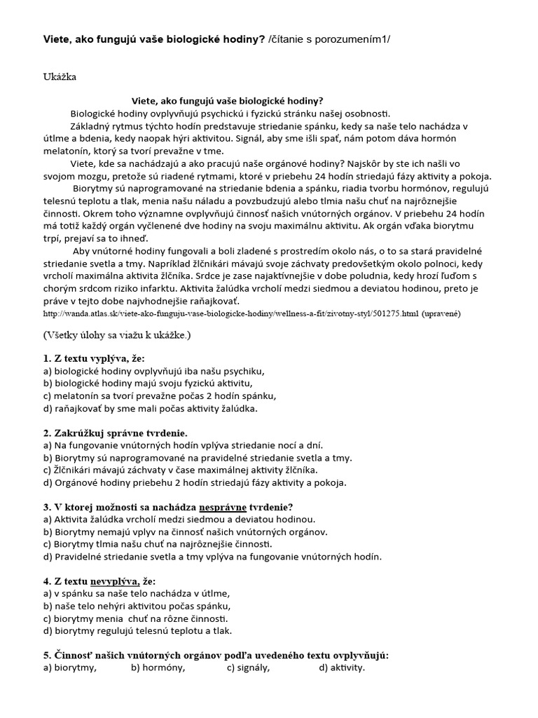 Testovanie 9 - SJL9 Viete, Ako Fungujú Vaše Biologické Hodiny - Čítanie ...