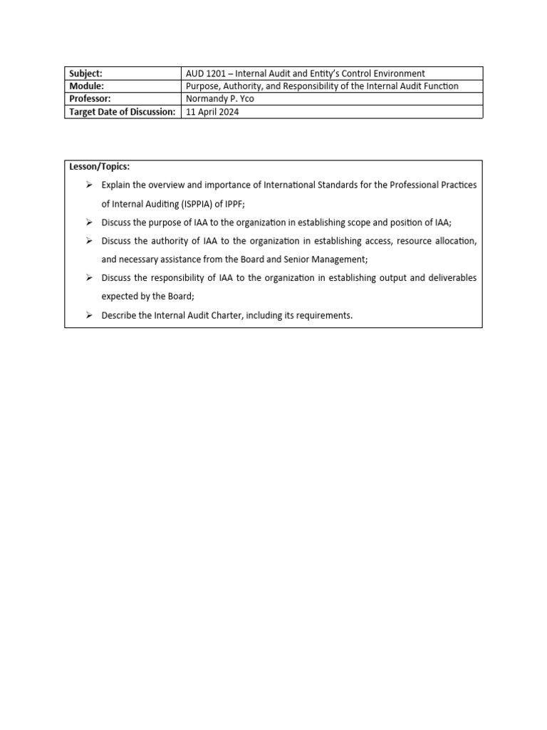 Module 5 - Purpose, Authority, and Responsibility of the Internal Audit Function | PDF ...