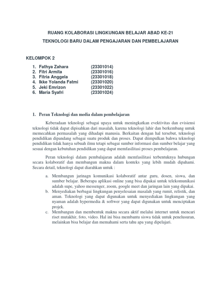 Topik 2 Ruang Kolaborasi Kelompok 2 Teknologi Dalam Pembeljaran | PDF