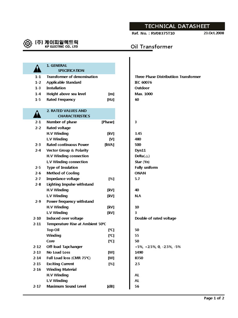 Data Sheet 500kva | Download Free PDF | Transformer | Electric Power
