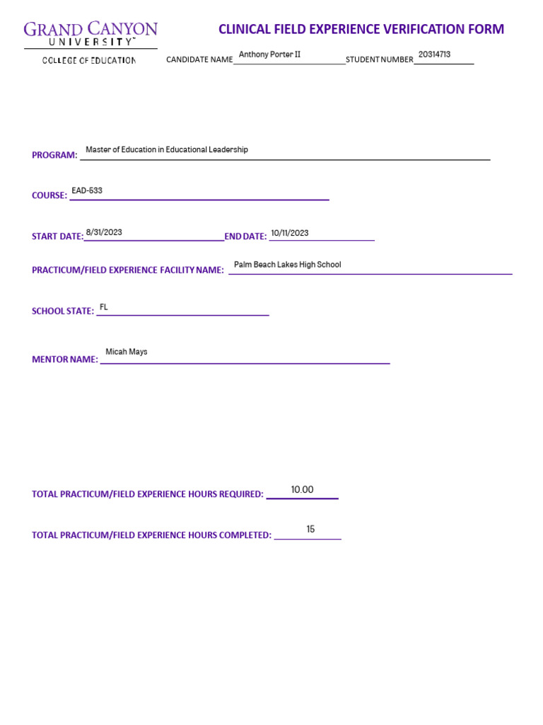 Clinical Field Experience Verification Form | Download Free PDF ...