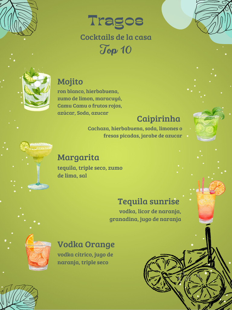 Menú Documento A4 Carta de Tragos Coctelería Tropical Restaurante Bar ...