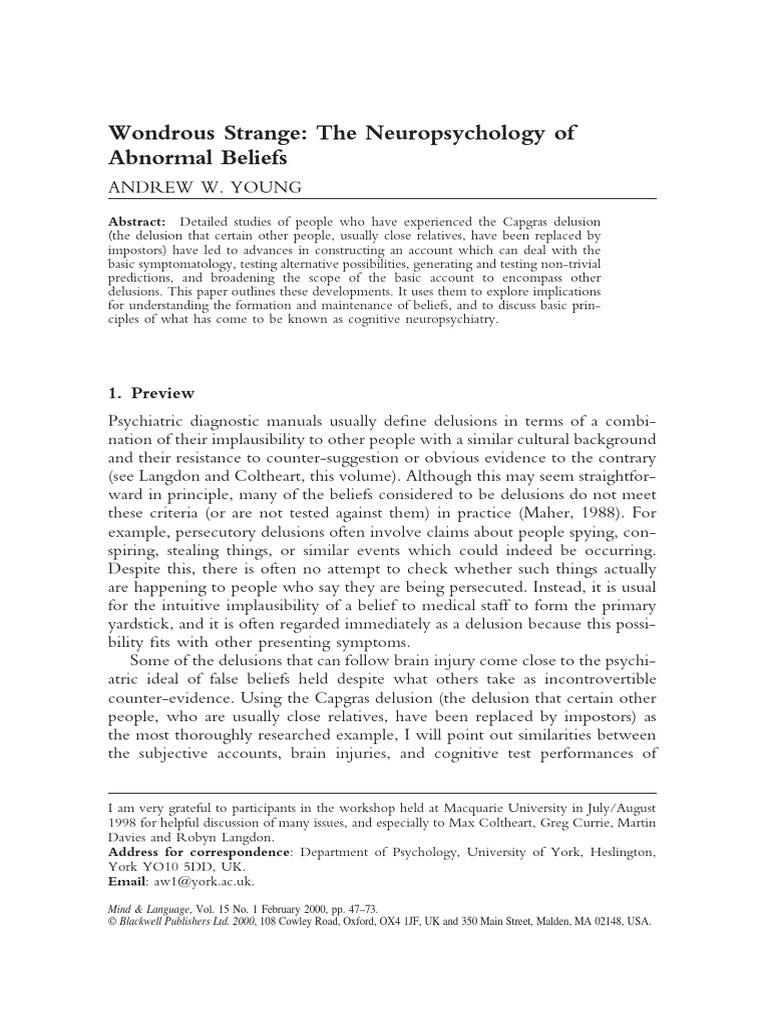 Neuropsychology of Capgras Delusion | PDF | Delusion | Neuropsychiatry