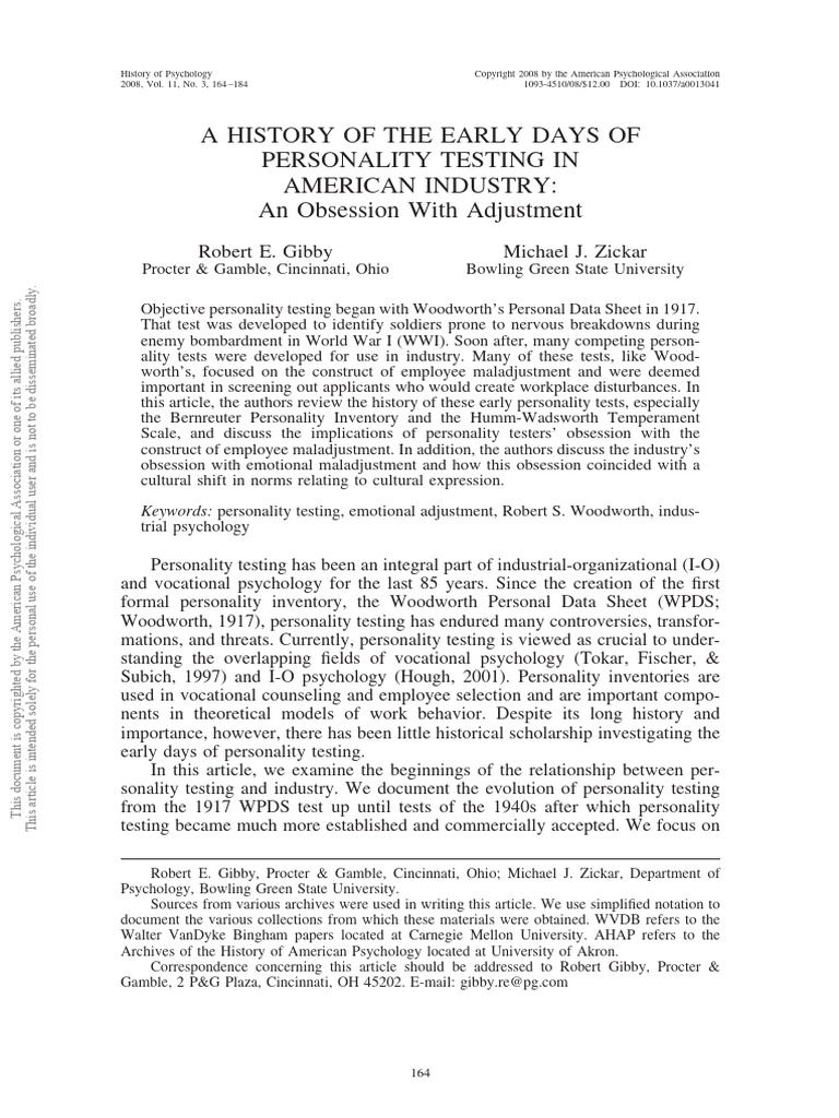 A History of The Early Days of Personality Testing in American Industry ...