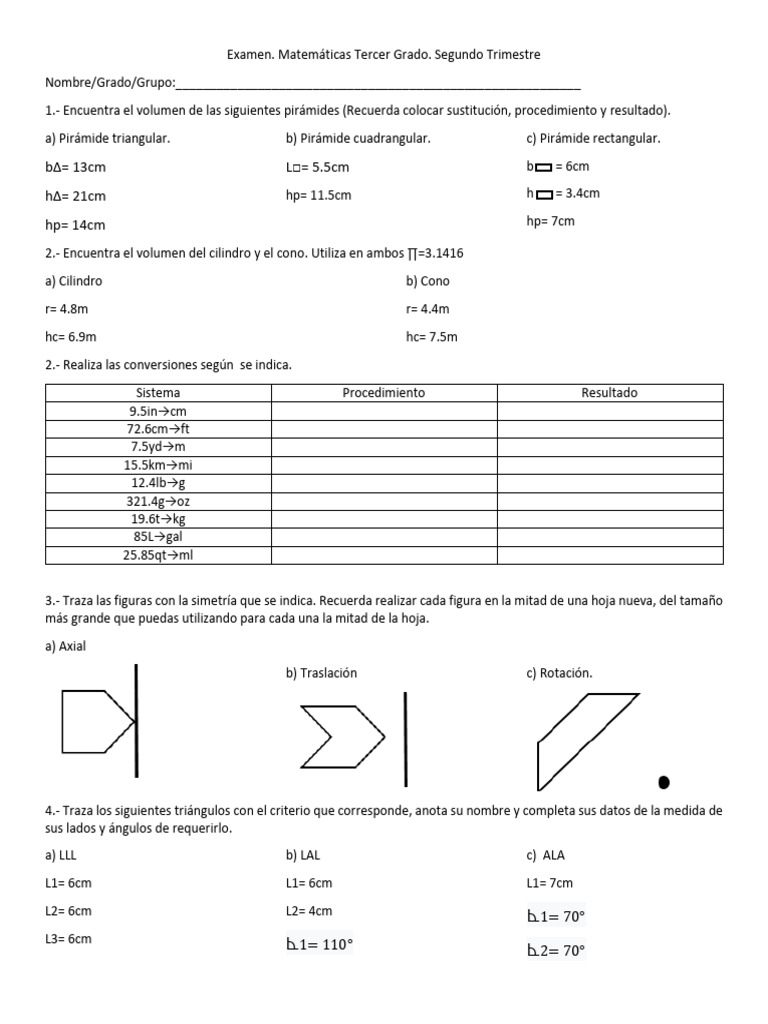 Examen de Matemáticas 3er Grado 2do Trimestre | PDF | Métodos y ...