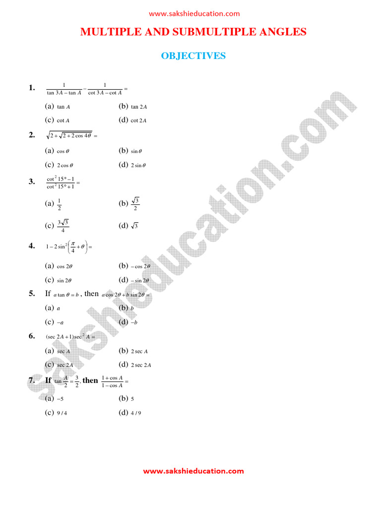 Multiple and Submultiple Angles | PDF | Complex Analysis | Functions ...