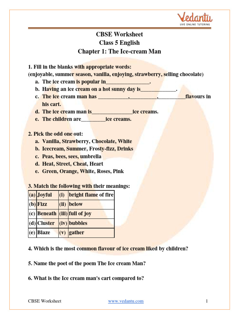 Ice Cream Man Worksheet for Class 5 | PDF | Ice Cream | Foods