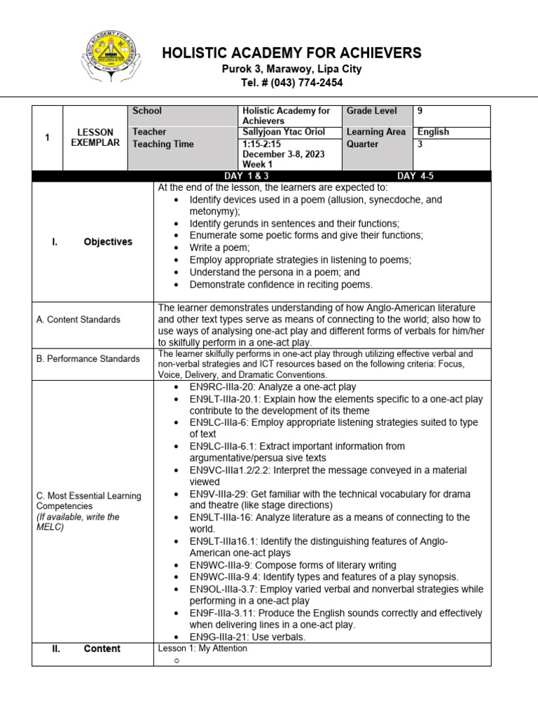 Grade 9 English Lesson Plan | Download Free PDF | Poetry | Learning
