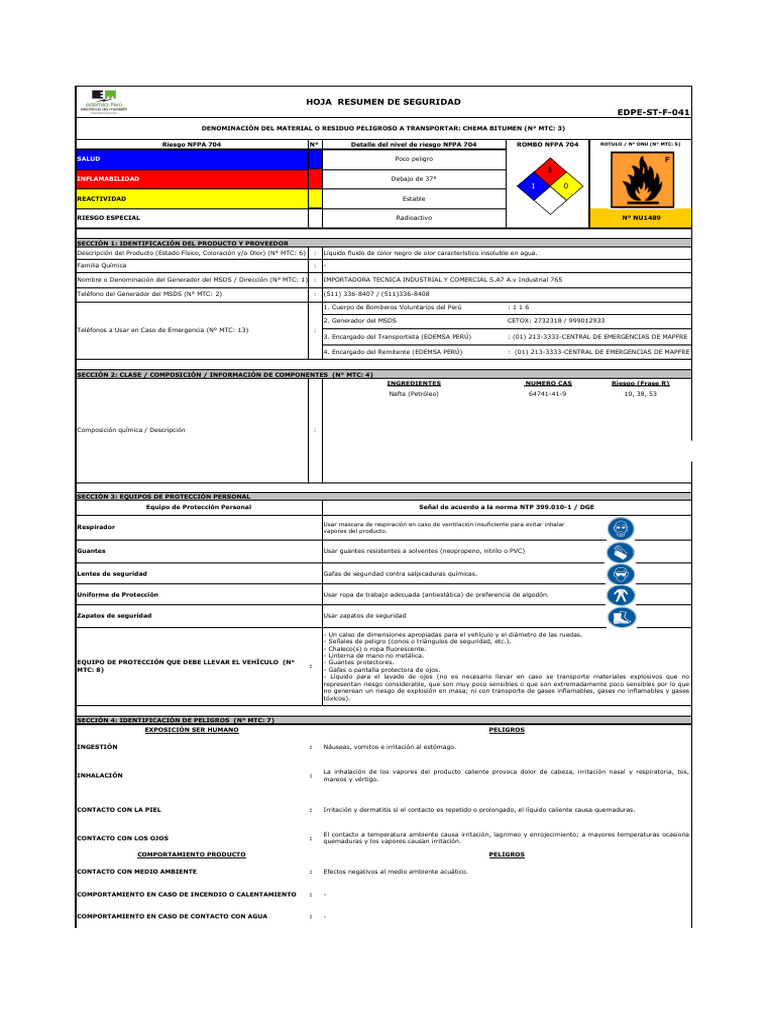 MSDS - Chema Bitumen | PDF | Agua | Quemar