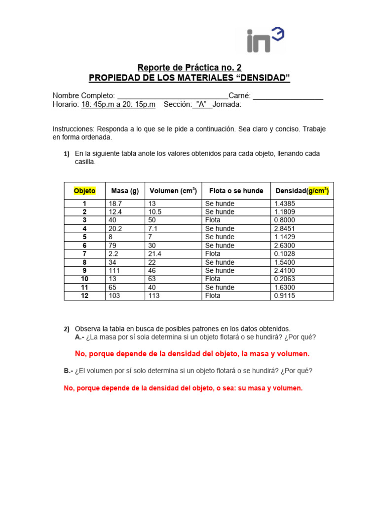 REPORTE PRACTICA NO.2 DENSIDAD | PDF | Densidad | Cantidades fisicas