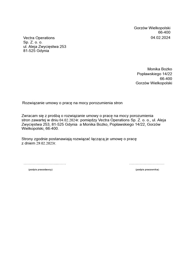 Wzór Rozwiązania Umowy o Pracę Na Mocy Porozumienia Stron | PDF