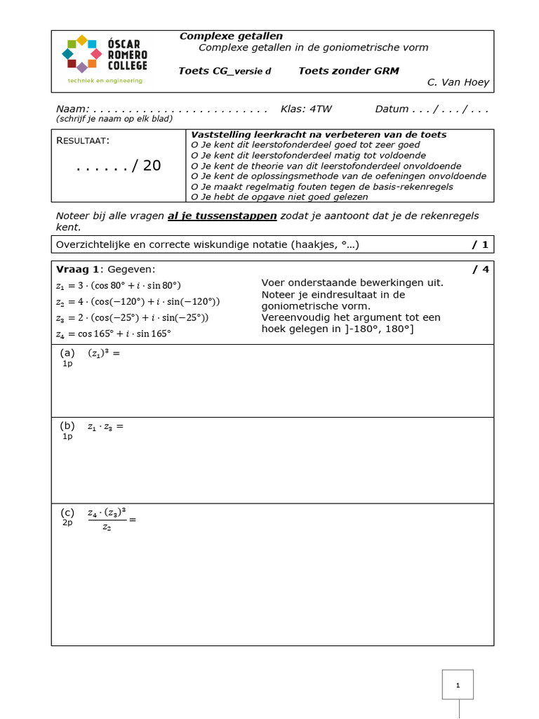 CG-D - TO - 4TW - Complexe Getallen in de Goniometrische Vorm (Toets) | PDF