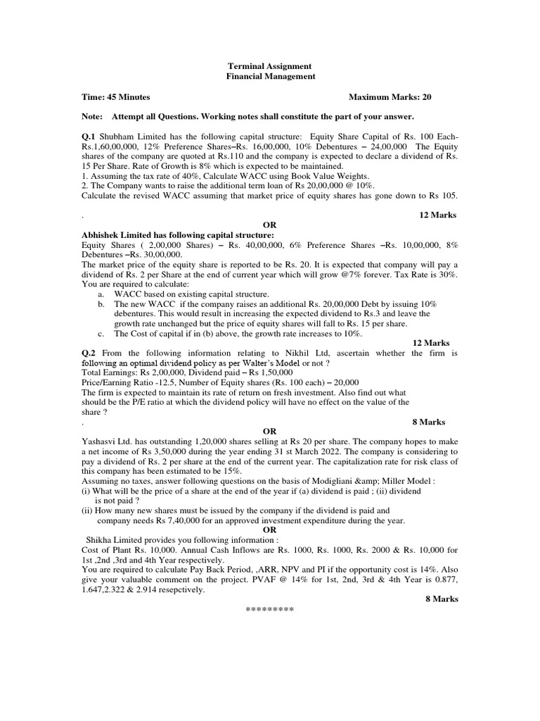 FM Test Paper B Com Hons | PDF | Dividend | Capital Structure