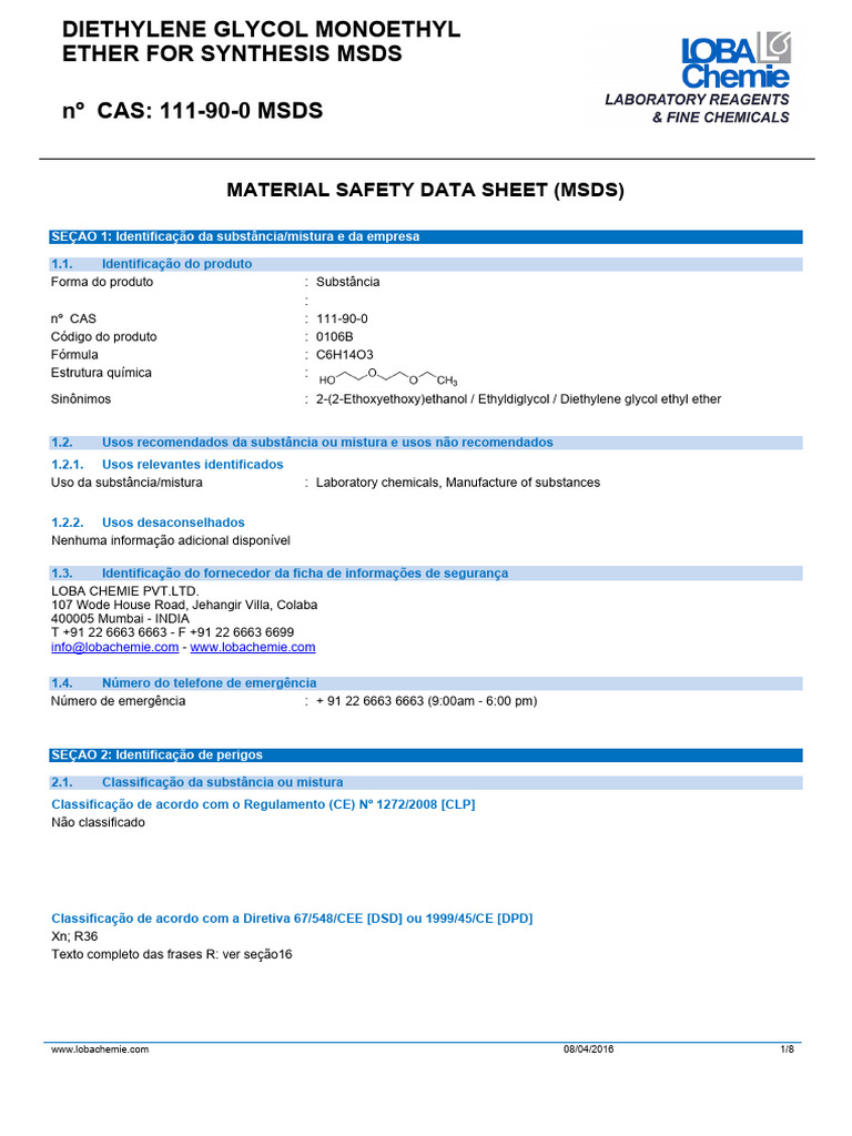 MSDS Diethylene Glycol Monoethyl Ether Casno 111 90 0106B PT | PDF ...