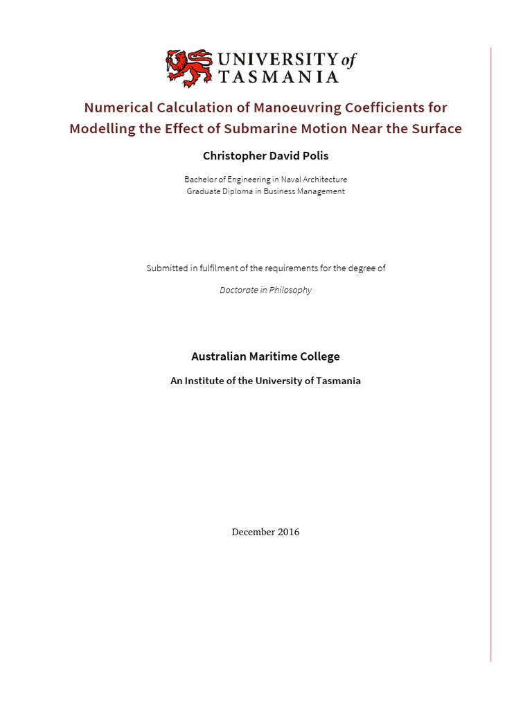 Numerical Calculation of Manoeuvring Coefficients For Modelling The Effect of Submarine Motion ...