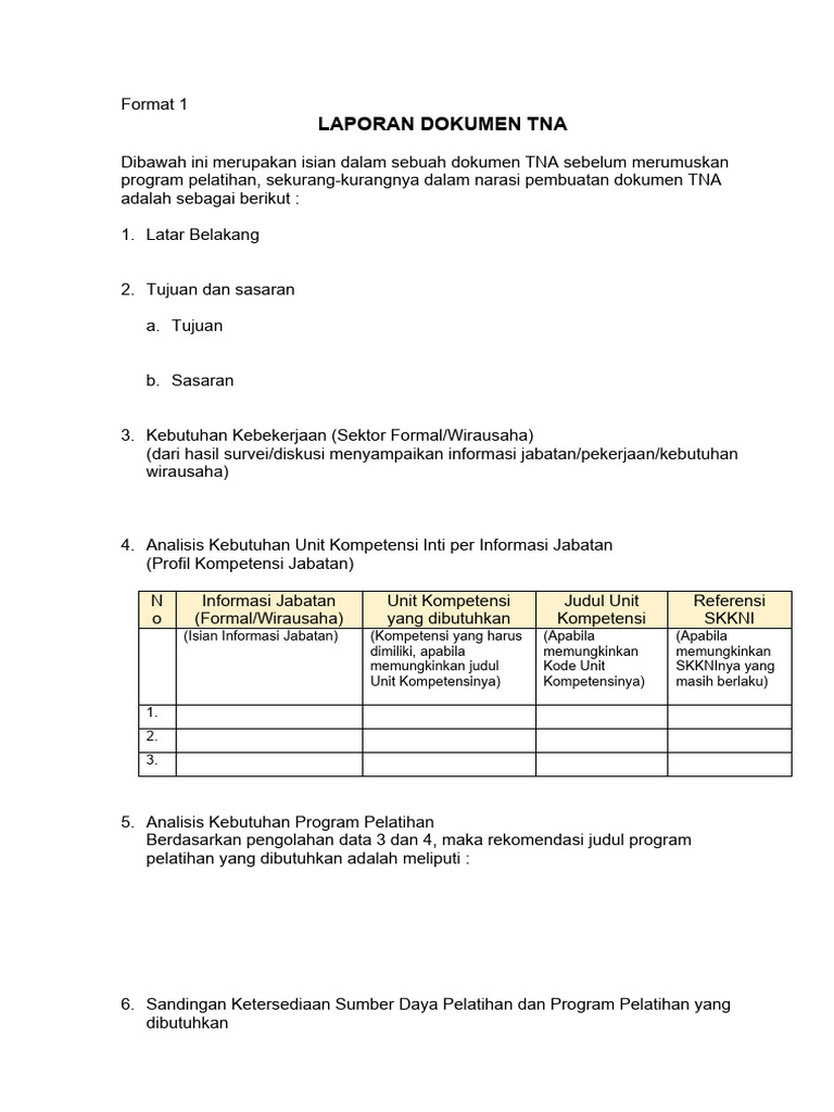 Format 1 TNA Sesuai Kepdirjen 77 (N.78SPS02.010.2) Metodologi Level 4 | PDF