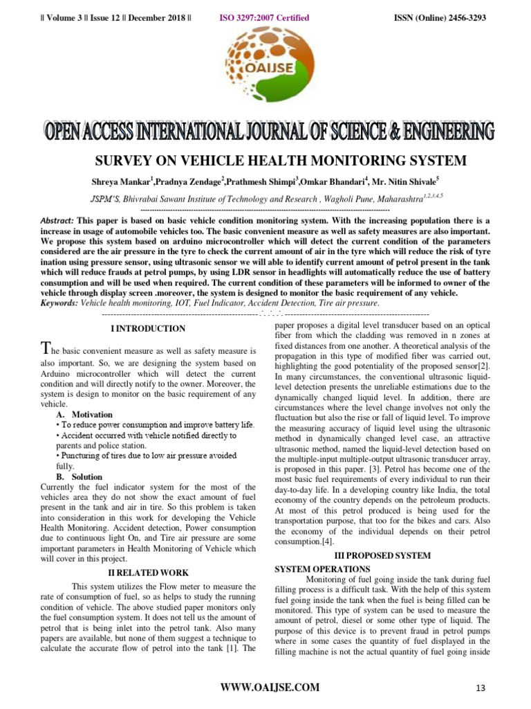 347 4.survey On Vehicle Health Monitoring System | PDF | Gasoline | Sensor