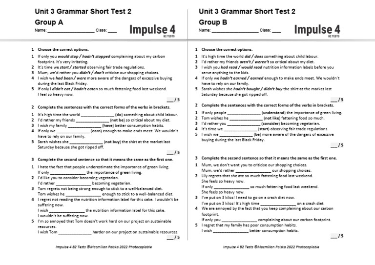 Unit 3 Grammar Short Test 2 A B Download Free Pdf Diet Nutrition