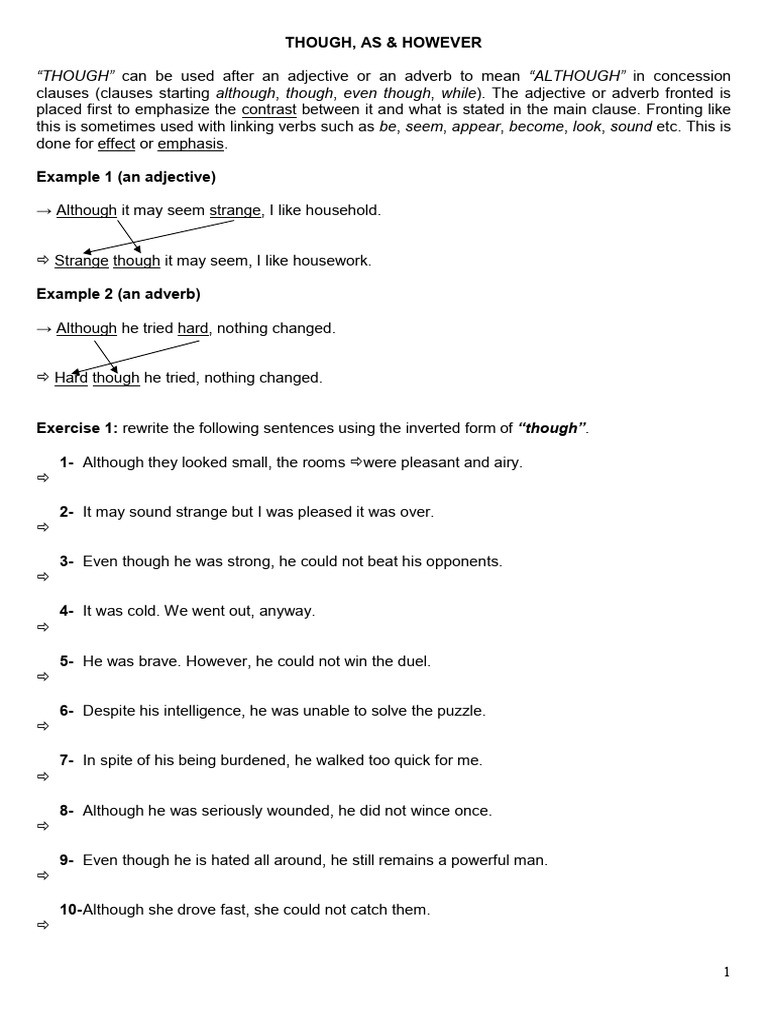 Though, As and However | PDF | Adverb | Adjective