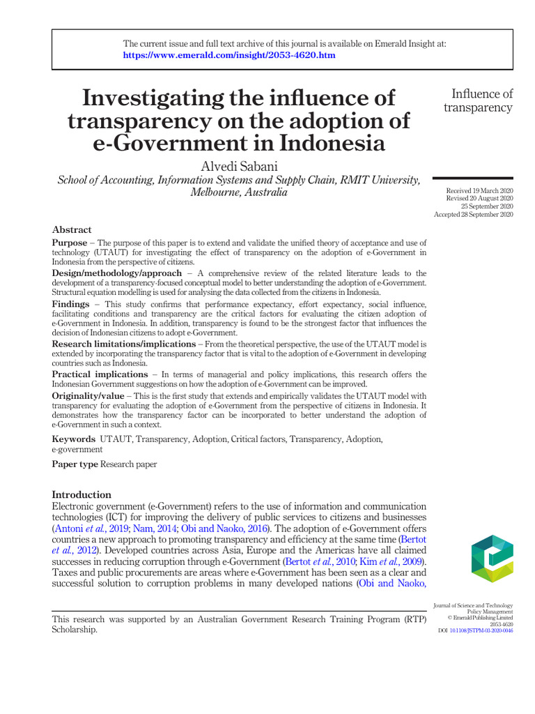 Investigating The Influence of Transparency On The Adoption of E-Government in Indonesia | PDF ...