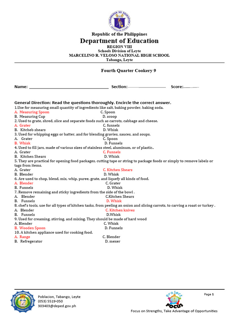 Cookery 9: Kitchen Tools & Desserts Quiz | PDF | Custard | Desserts