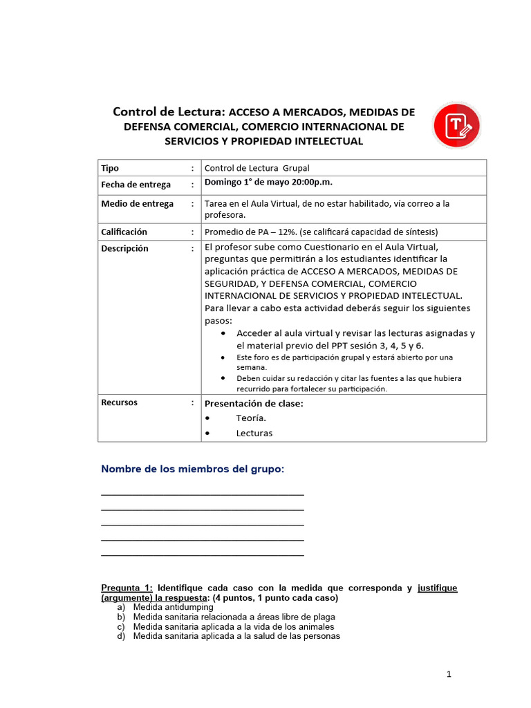 Control 2 Grupal SIN Soluciones | PDF | Organización de Comercio Mundial | Acuerdo General sobre ...