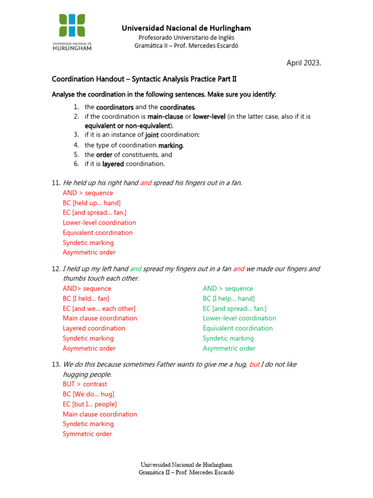 Coordination Handout - Syntactic Analysis Practice Part II KEY | PDF