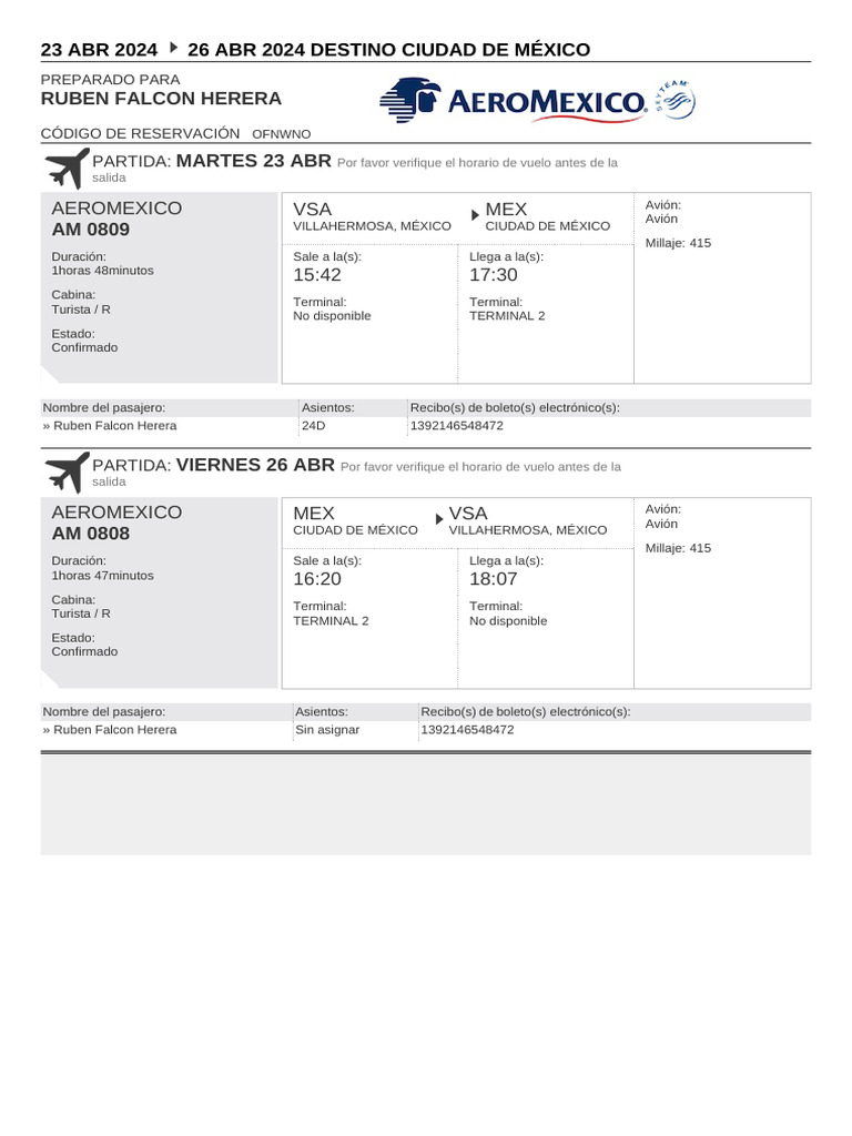 Reserva de Viaje 23 Abril para RUBEN FALCON HERERA | PDF